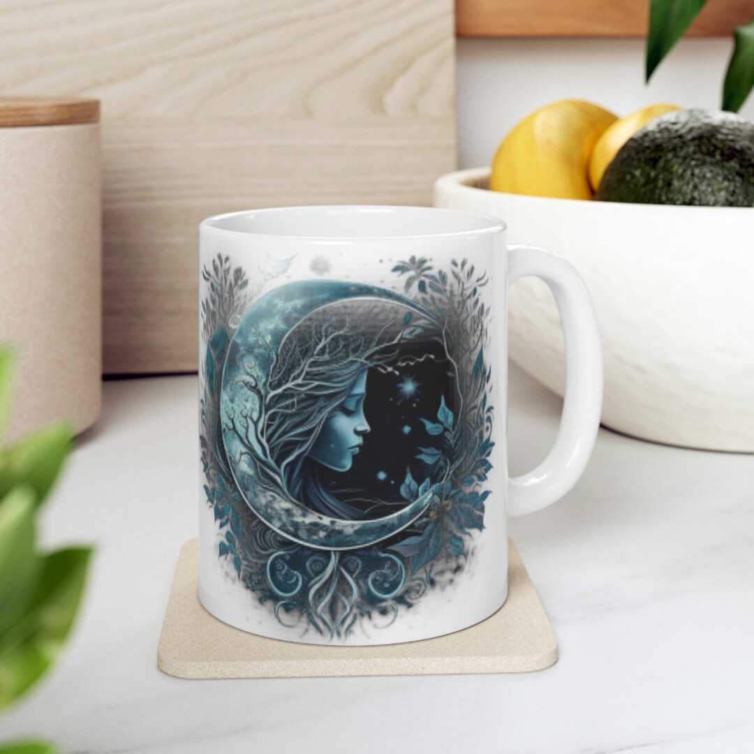 Celestial Sips: A Ceramic Coffee Mug With Crescent Moon Goddess Design ...