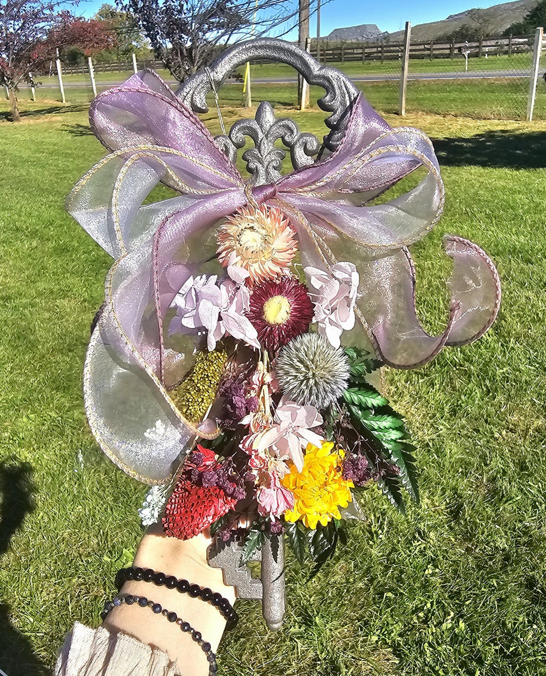 Large Boho Cast Iron Skeleton Key With Dried Flowers Wall/table Top ...