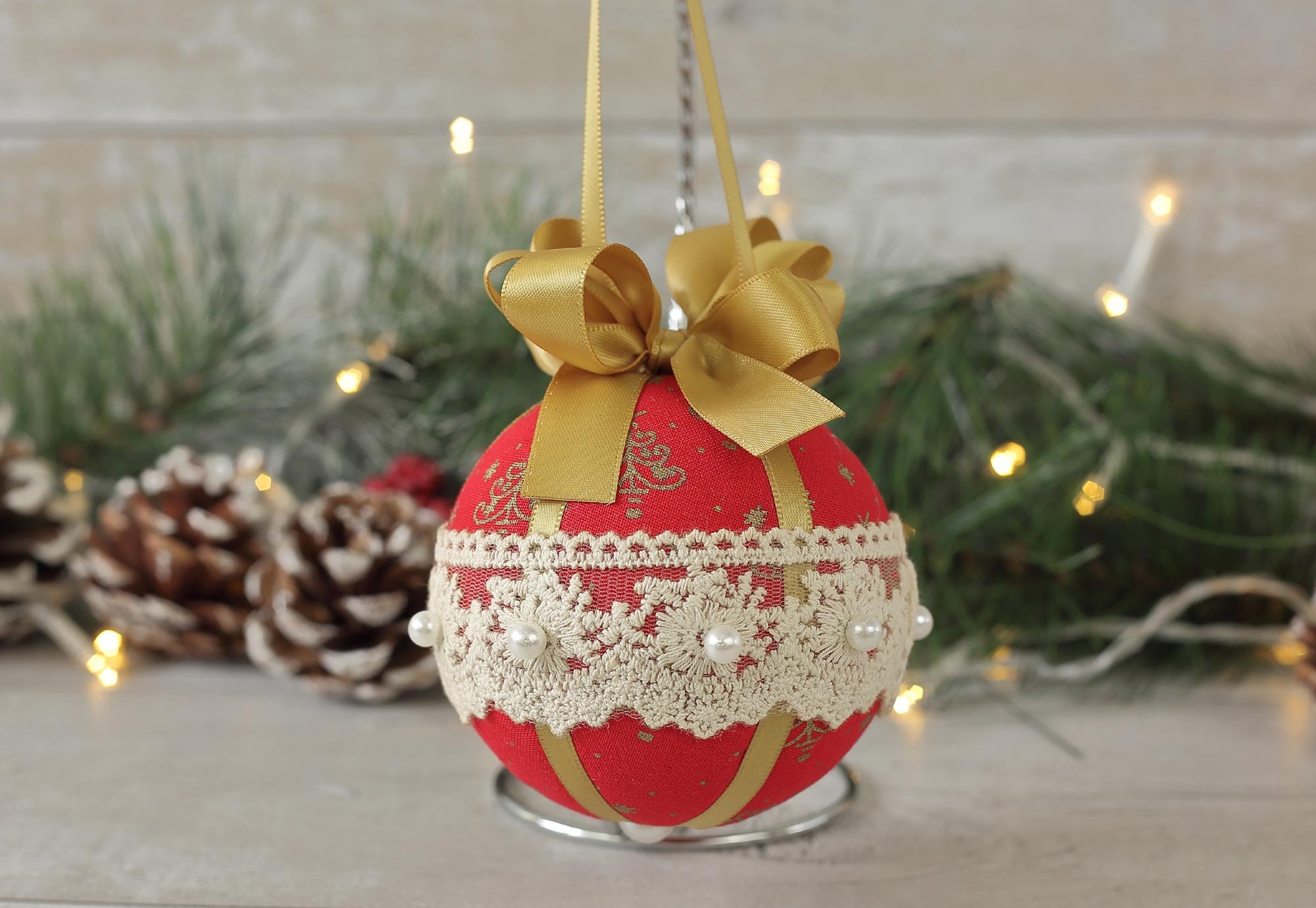 Red Fabric Christmas Baubles: Lace Ornament Set - Etsy
