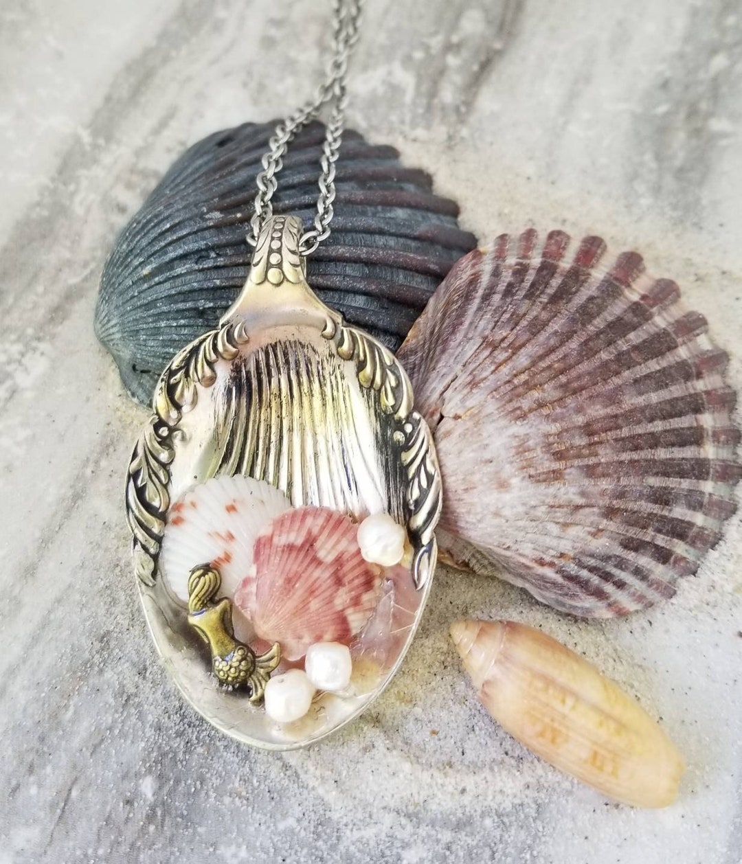 Mermaid and Seashell Spoon Necklace, Made From Vintage Silverware, Made ...