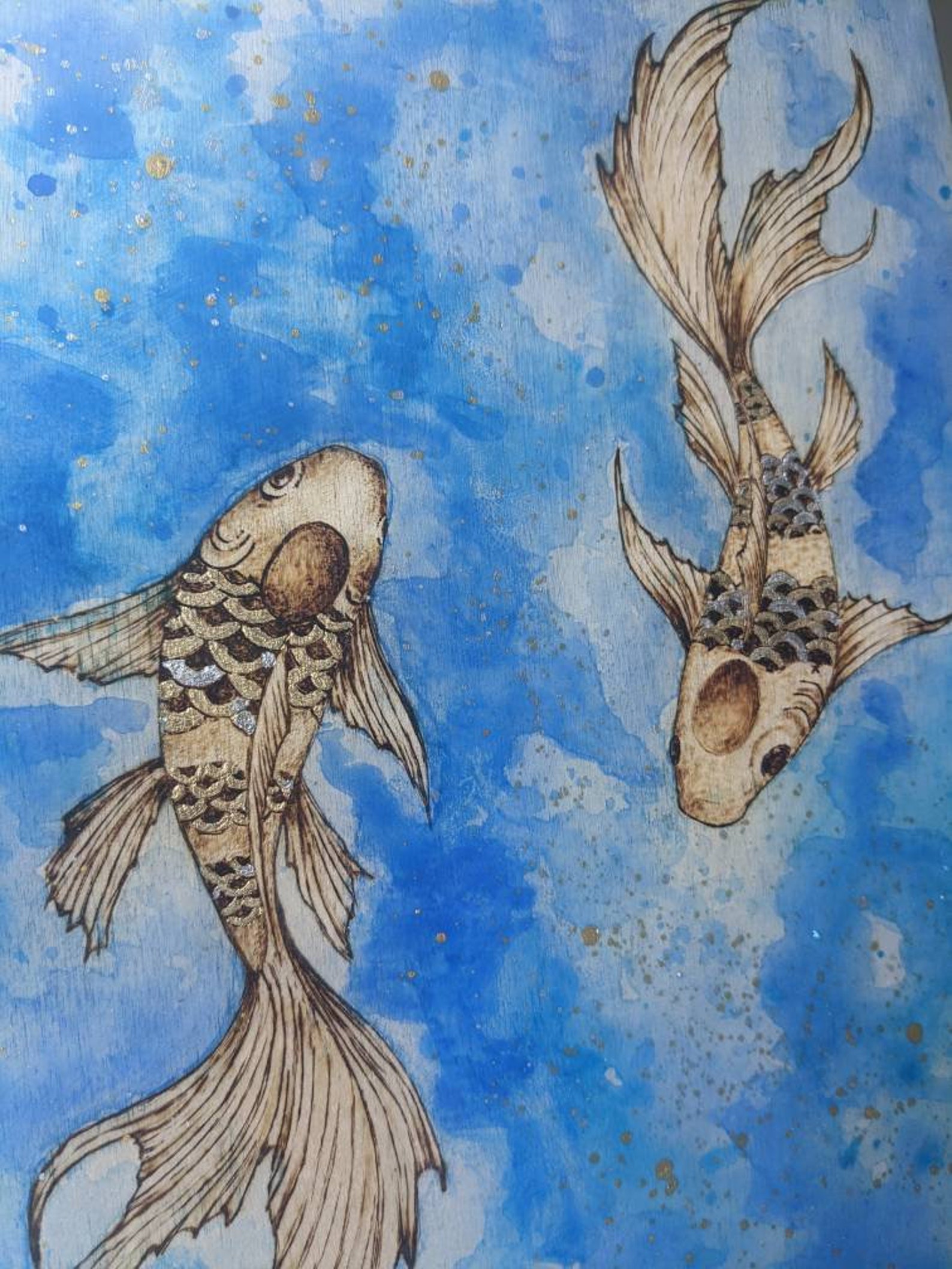 Swimming Koi Fish Pyrography W/ Watercolors and Gold Leaf on - Etsy
