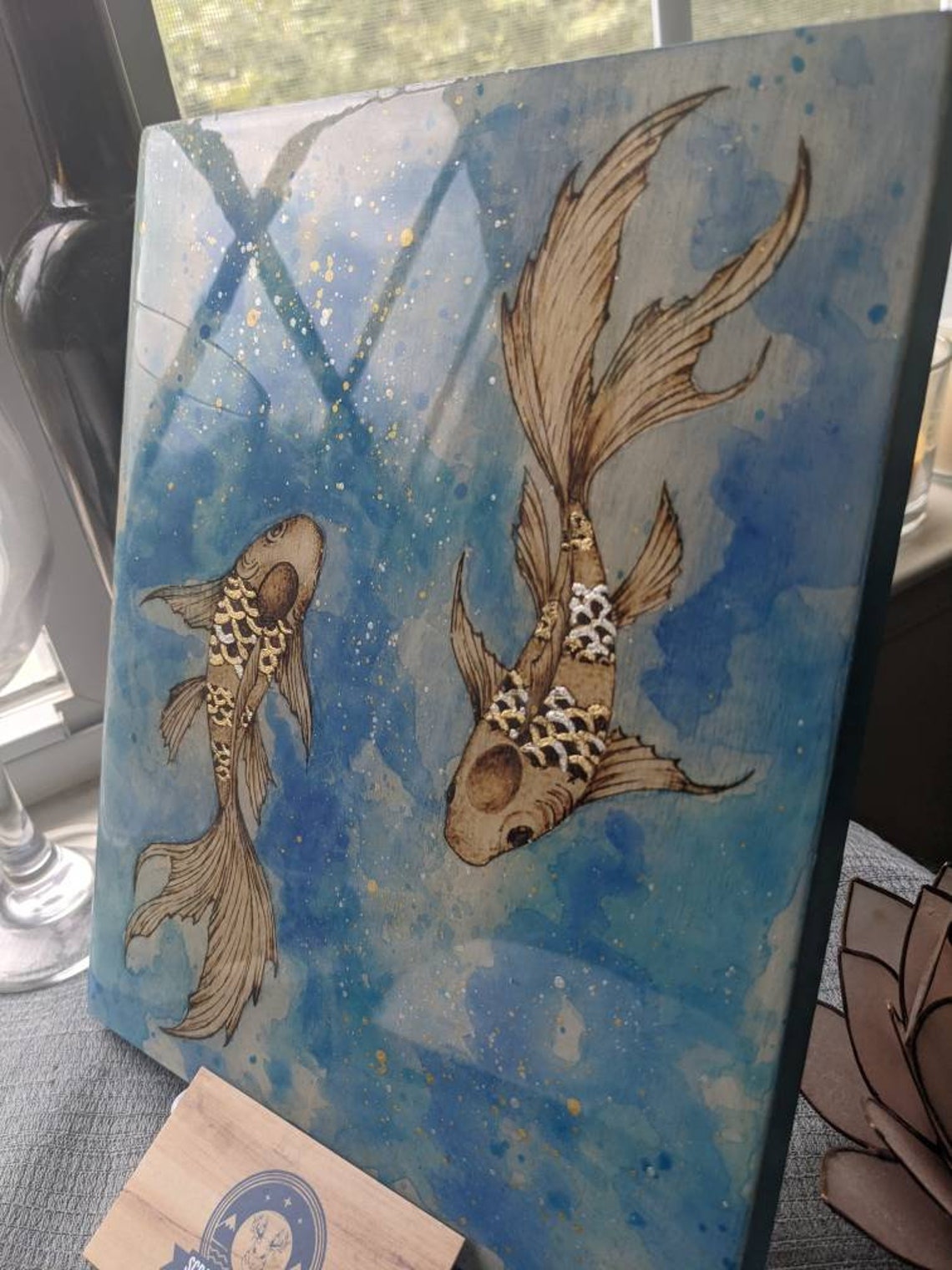 Swimming Koi Fish Pyrography W/ Watercolors and Gold Leaf on - Etsy