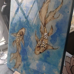 Swimming Koi Fish, Pyrography W/ Watercolors and Gold Leaf on Wooden ...