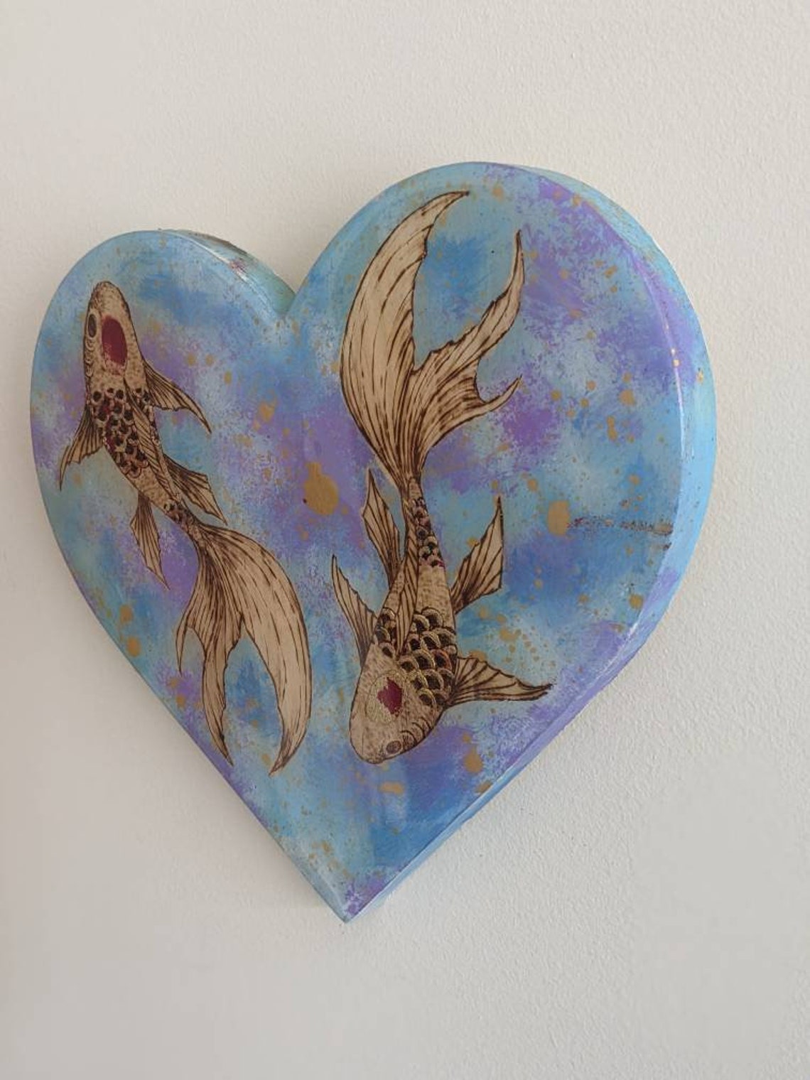 Koi Fish Swimming Pyrography W/acrylic W/gold Foil on Pine - Etsy