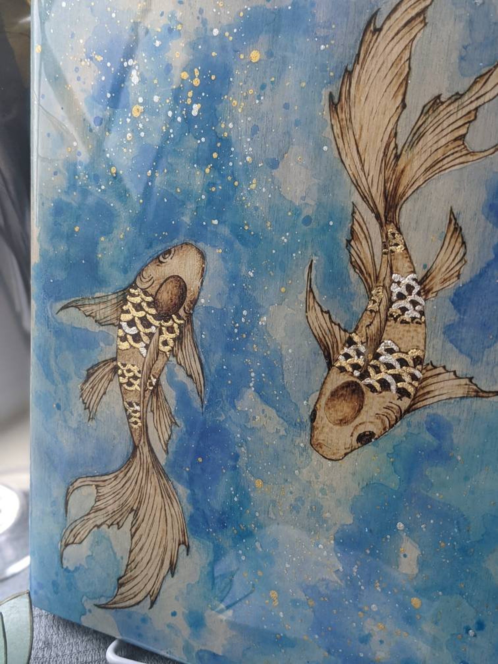 Swimming Koi Fish Pyrography W/ Watercolors and Gold Leaf on - Etsy