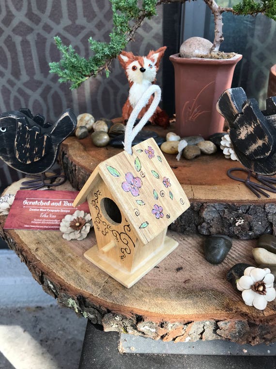 Tiny Birdhouse With Pyrography Floral Design With Prismacolors | Etsy