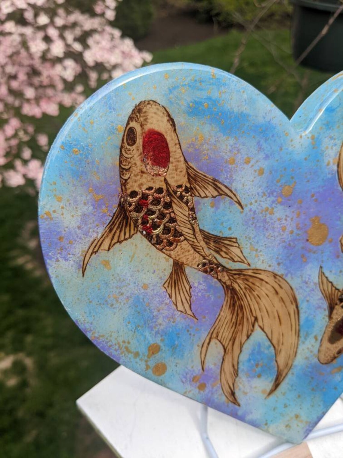 Koi Fish Swimming Pyrography W/acrylic W/gold Foil on Pine - Etsy