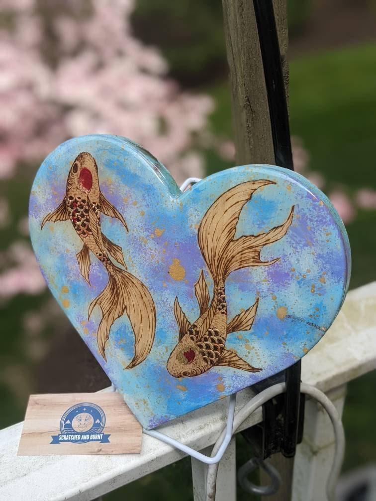 Koi Fish Swimming Pyrography W/acrylic W/gold Foil on Pine - Etsy