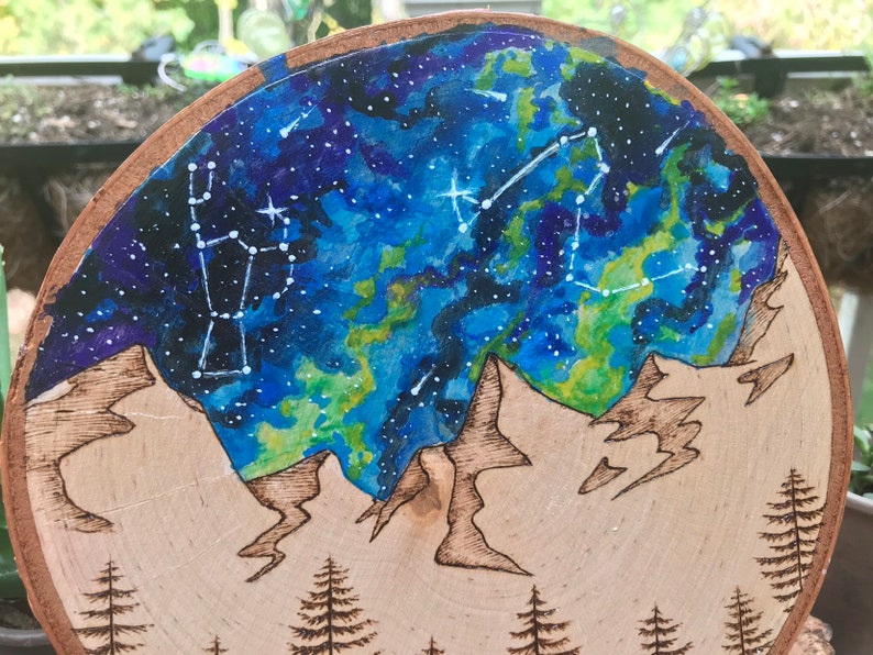 Trees Mountains With Galaxy Stars Desk Art Pyrography and - Etsy