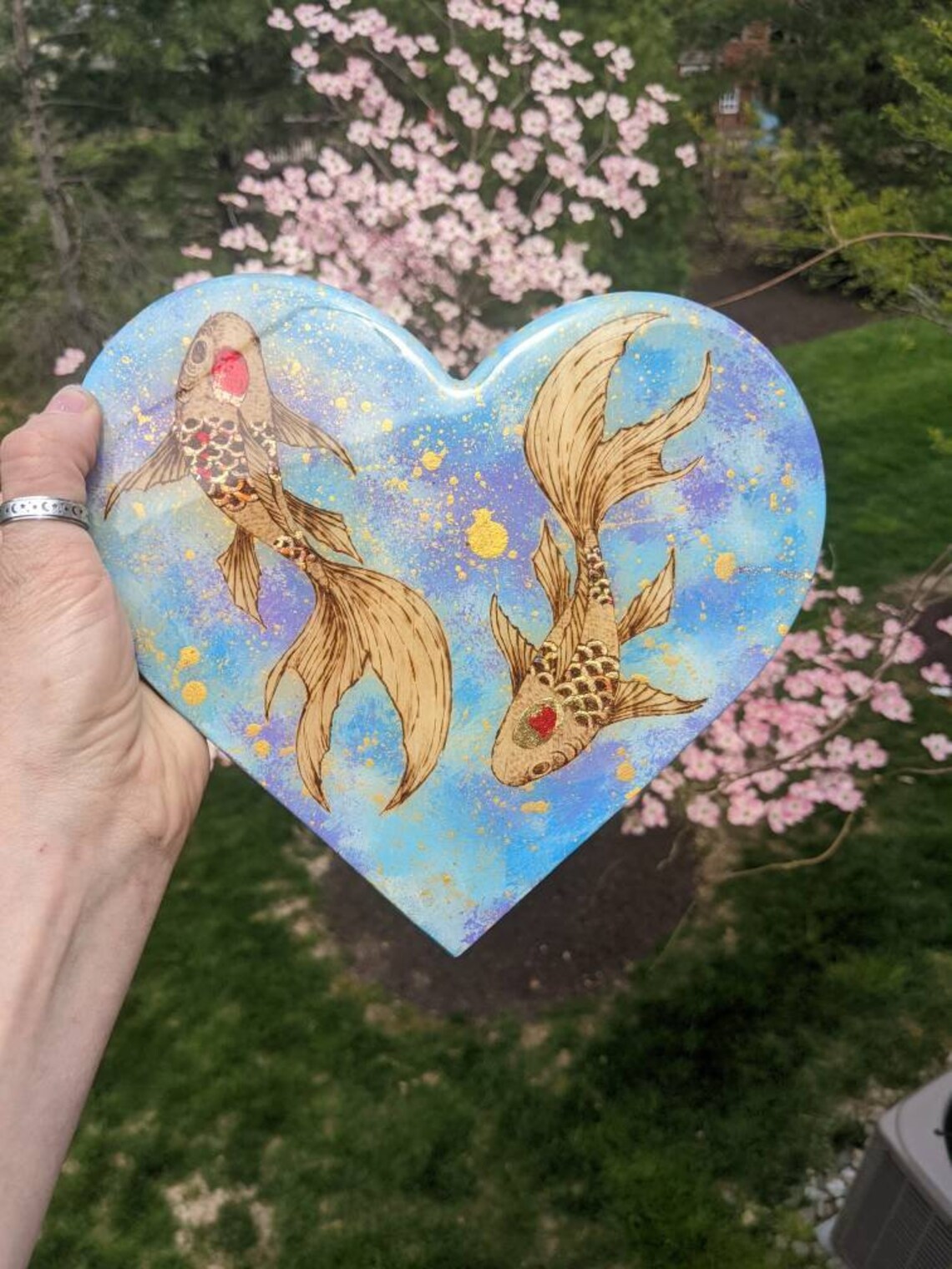 Koi Fish Swimming Pyrography W/acrylic W/gold Foil on Pine - Etsy