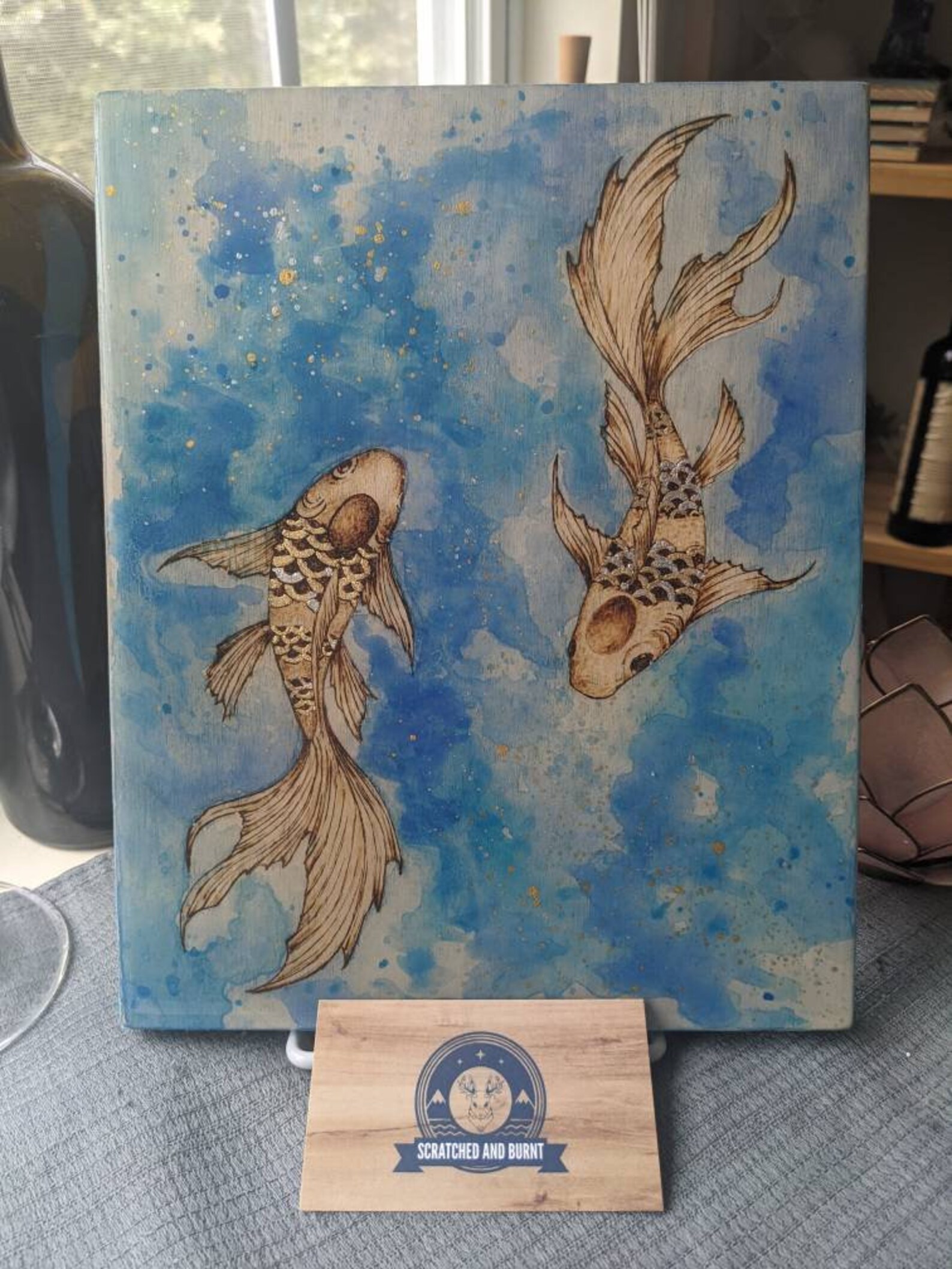 Swimming Koi Fish Pyrography W/ Watercolors and Gold Leaf on - Etsy