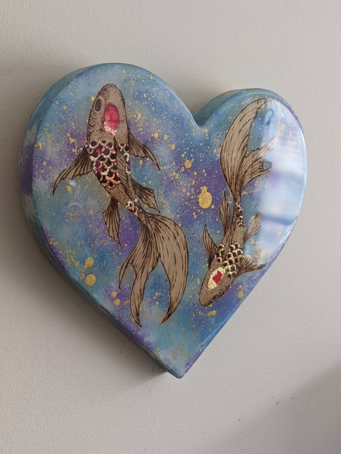 Koi Fish Swimming Pyrography W/acrylic W/gold Foil on Pine - Etsy