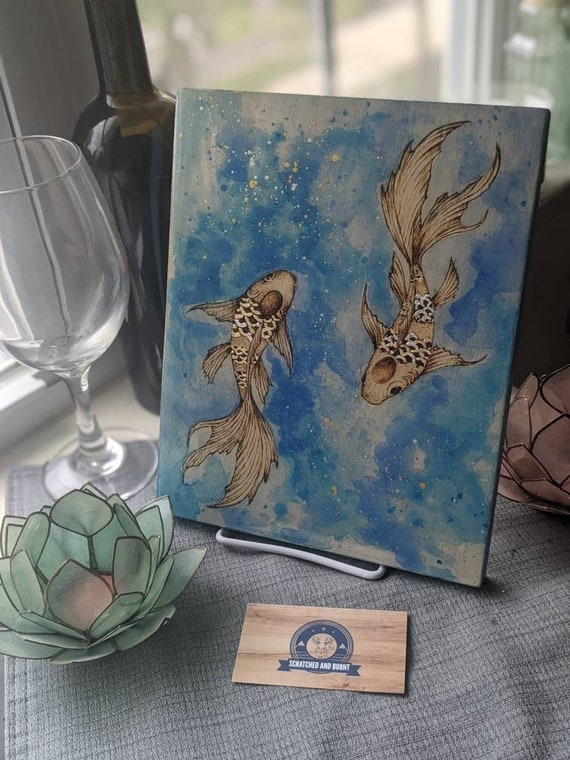 Swimming Koi Fish Pyrography W/ Watercolors and Gold Leaf on - Etsy