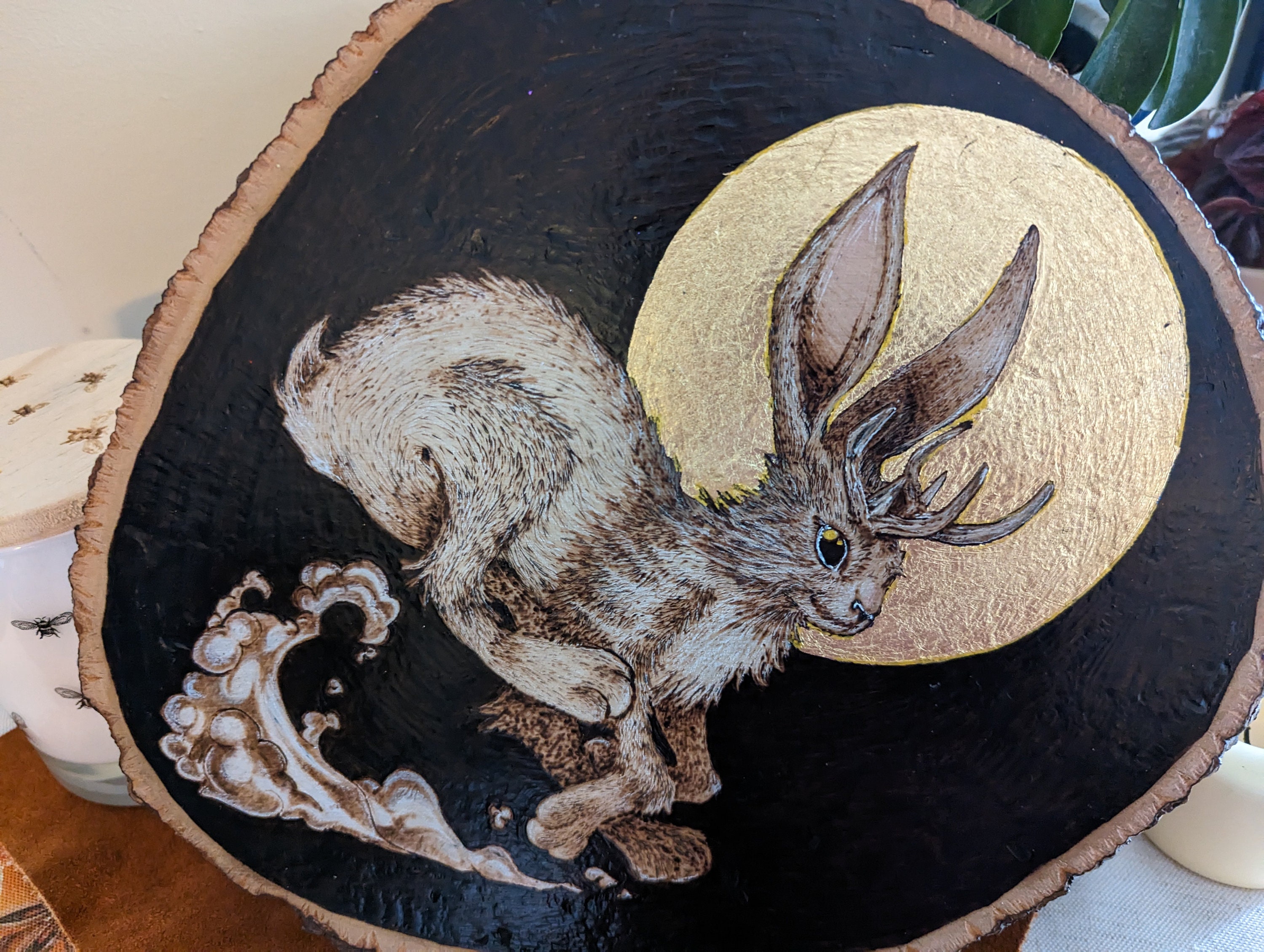Golden Running Jackalope, Pyrography / Gold Ink on Raw Basswood Slice ...