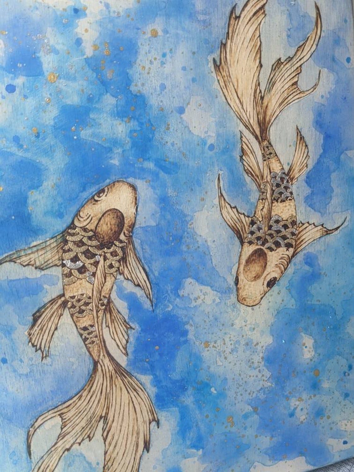 Swimming Koi Fish Pyrography W/ Watercolors and Gold Leaf on - Etsy