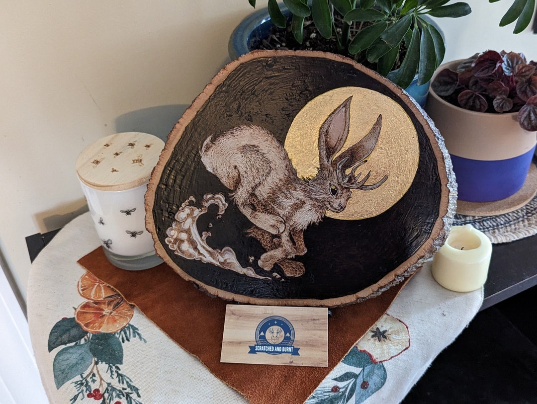 Golden Running Jackalope, Pyrography / Gold Ink on Raw Basswood Slice ...
