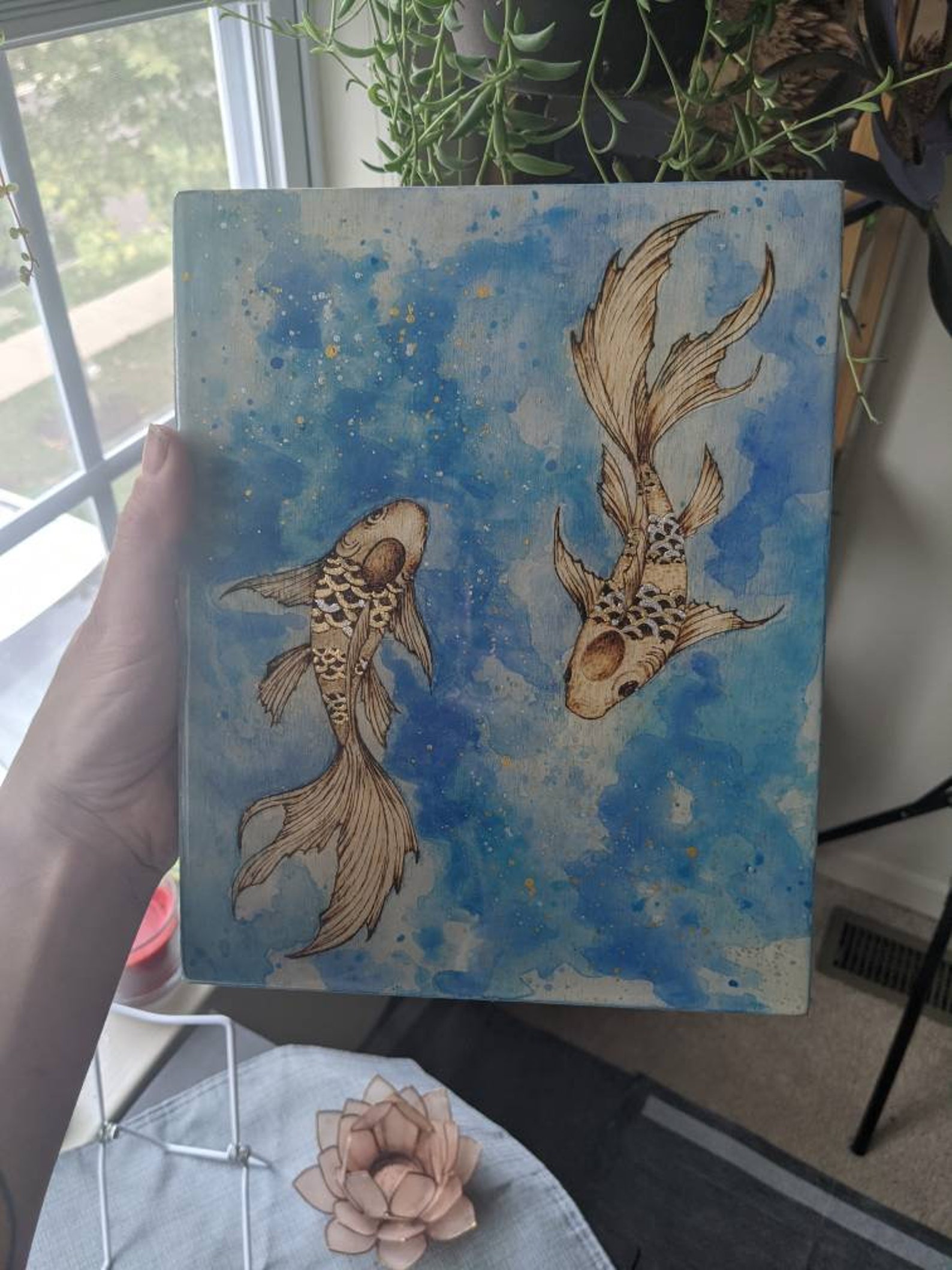 Swimming Koi Fish Pyrography W/ Watercolors and Gold Leaf on - Etsy