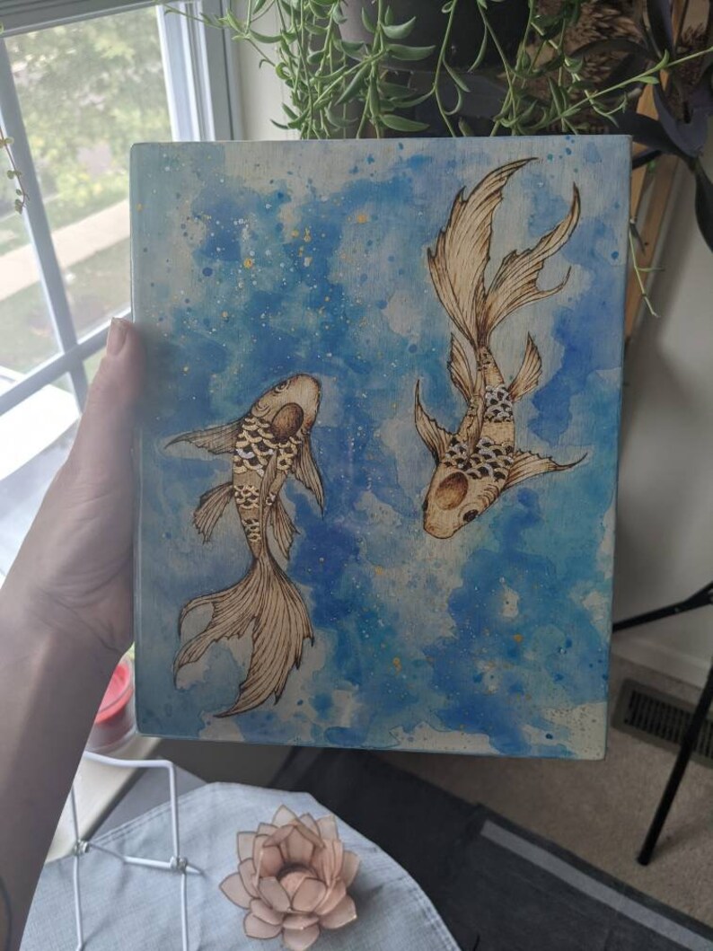 Swimming Koi Fish Pyrography W/ Watercolors and Gold Leaf on - Etsy