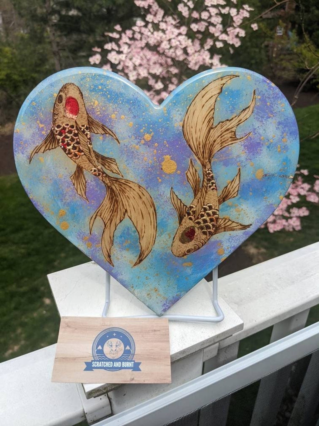 Koi Fish Swimming, Pyrography W/acrylic W/gold Foil on Pine Wood Heart ...