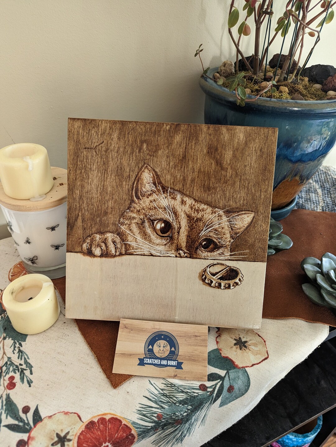 Cat Vs Bottle Cap, Pyrography on Wooden Canvas, Hanging Ready, Light ...