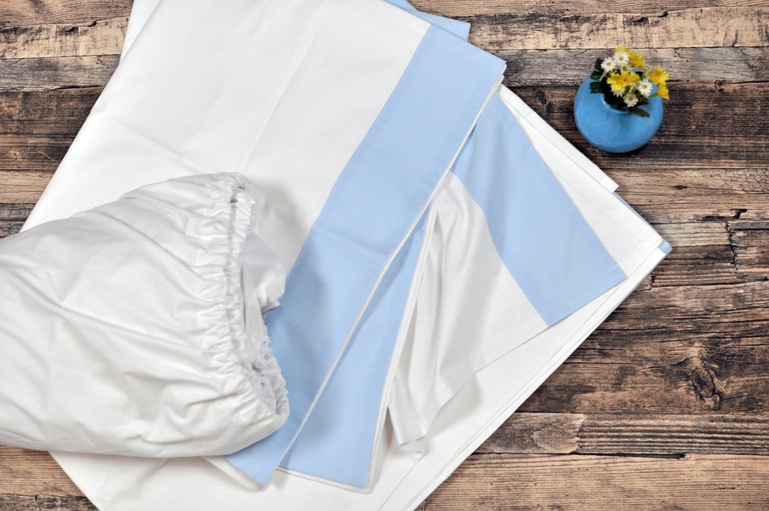Bordered Sheet Set, Twin Full Queen King White Top Sheet With Baby Blue ...