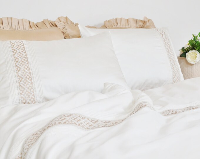 Ivory Lace Ribbed Duvet Cover Set in Full Queen King Size - Etsy