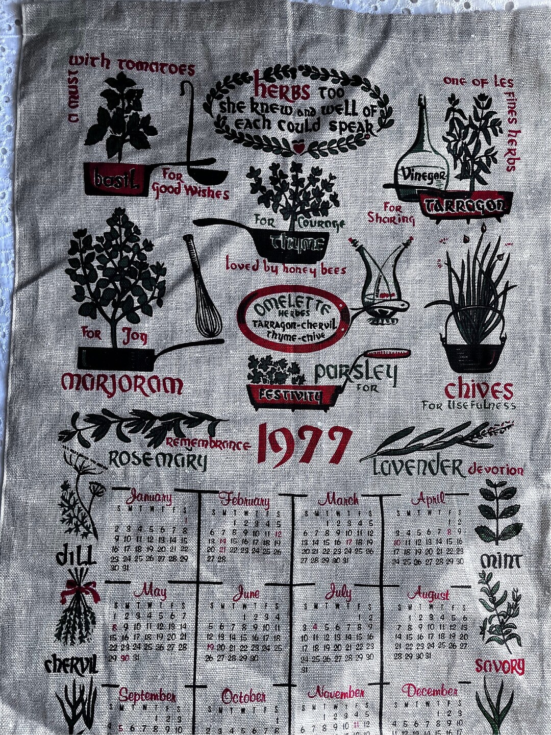 Vintage 70s Herb Themed Linen Calendar With Herbal Border Home Decor ...