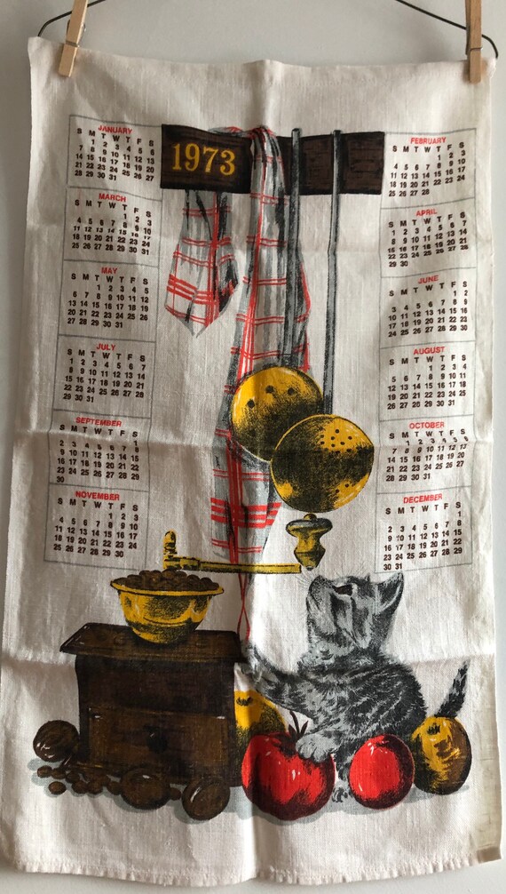 Vintage 70s Linen Calendar Playful Kitten in Kitchen Scene - Etsy