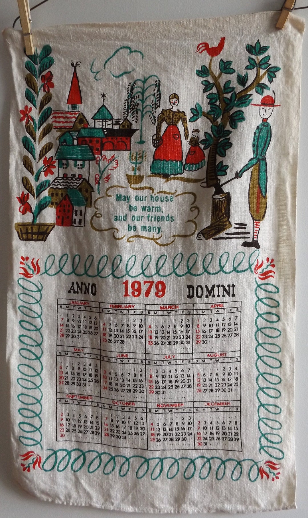 Vintage 1970s Linen Calendar With Home Blessing Message Aqua Blue/green ...