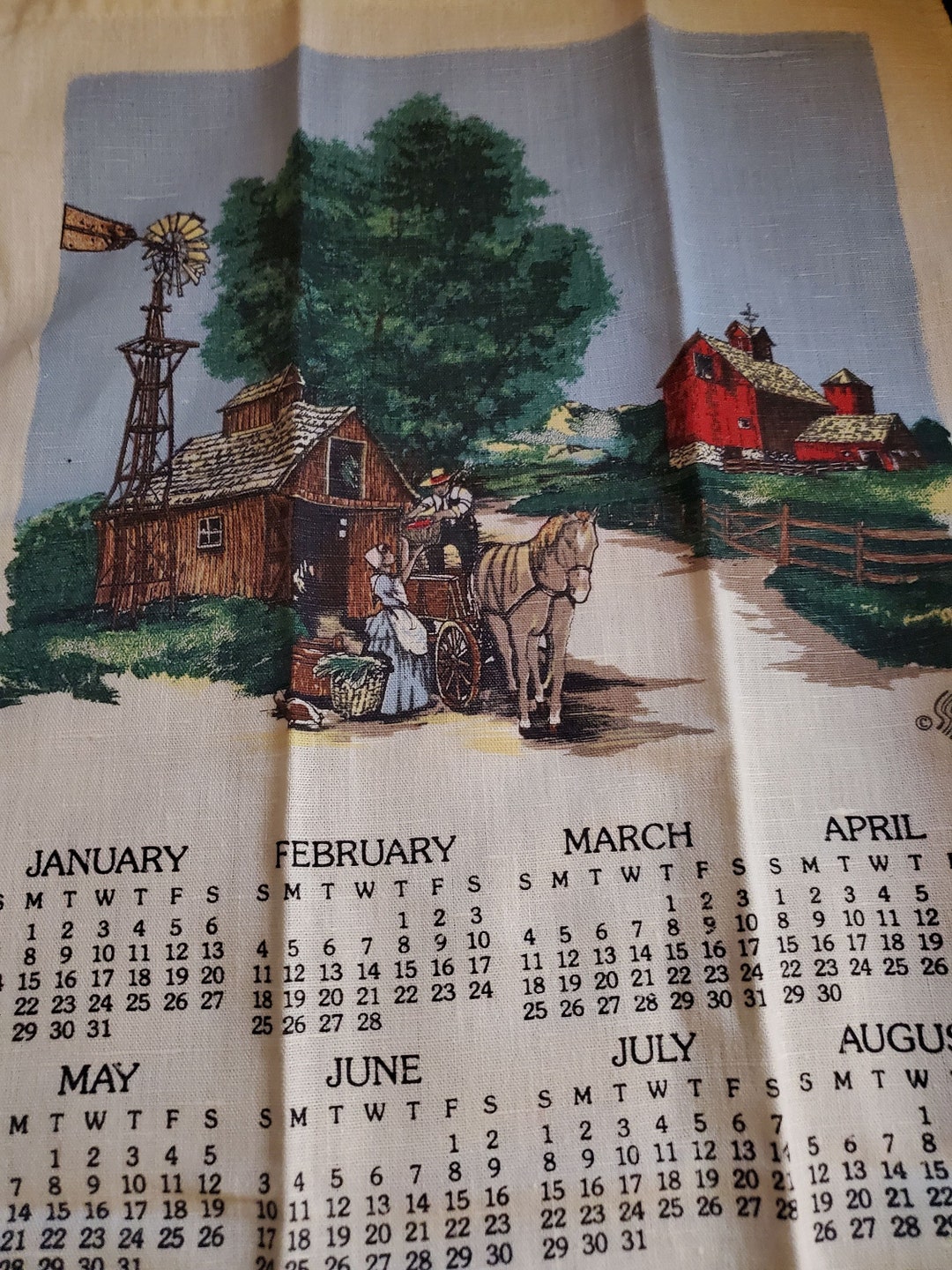 Vintage 1990 Linen Calendar Cooking Rural Scene White Background ...