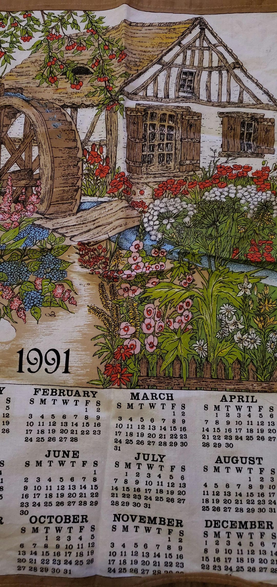 Vintage 1991 Linen Calendar English Tudor Type Home With a Watermill ...