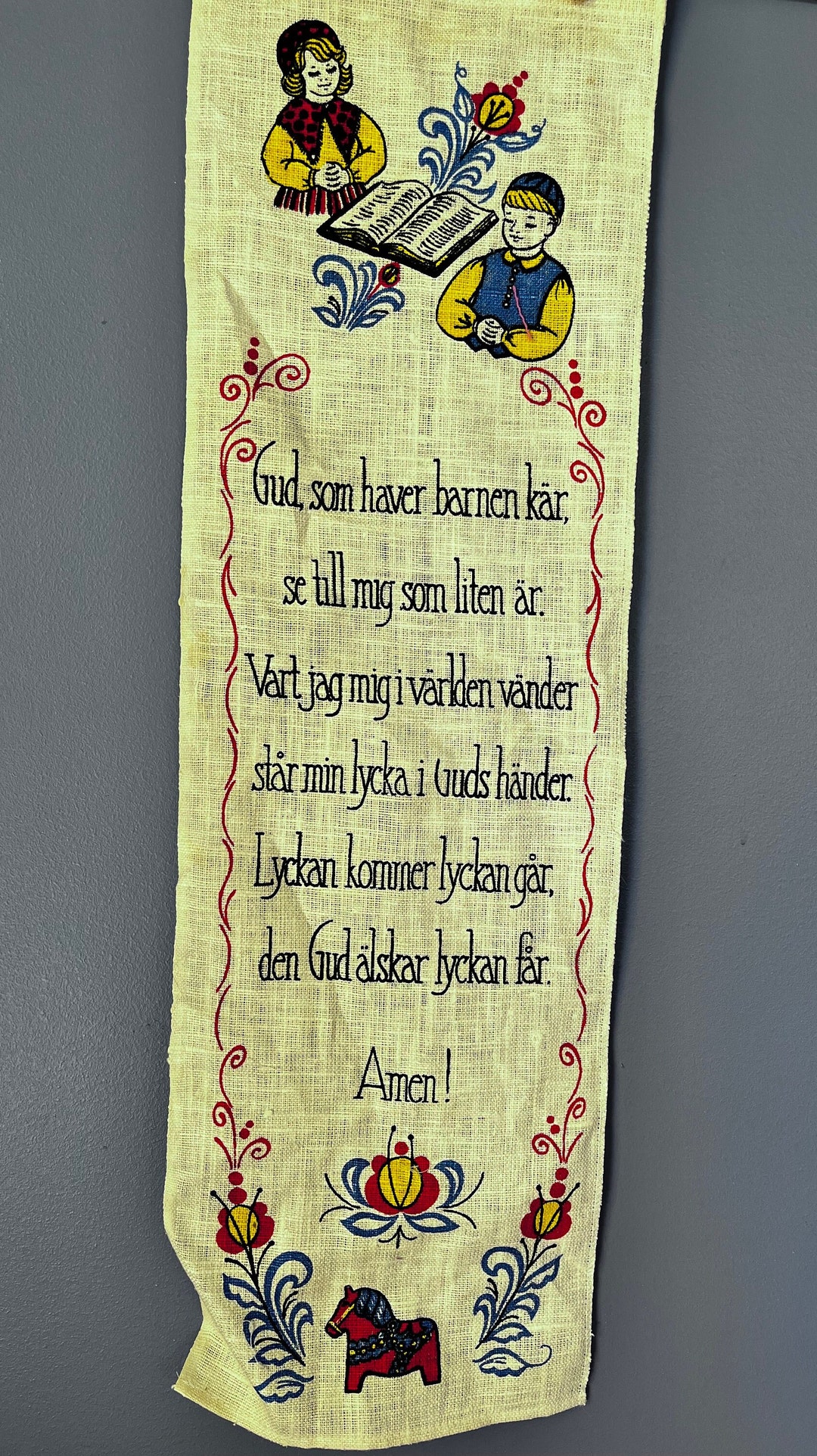 Linen Old Swedish Prayer for Children Measures 27” Long by 8-1/4” W Red ...