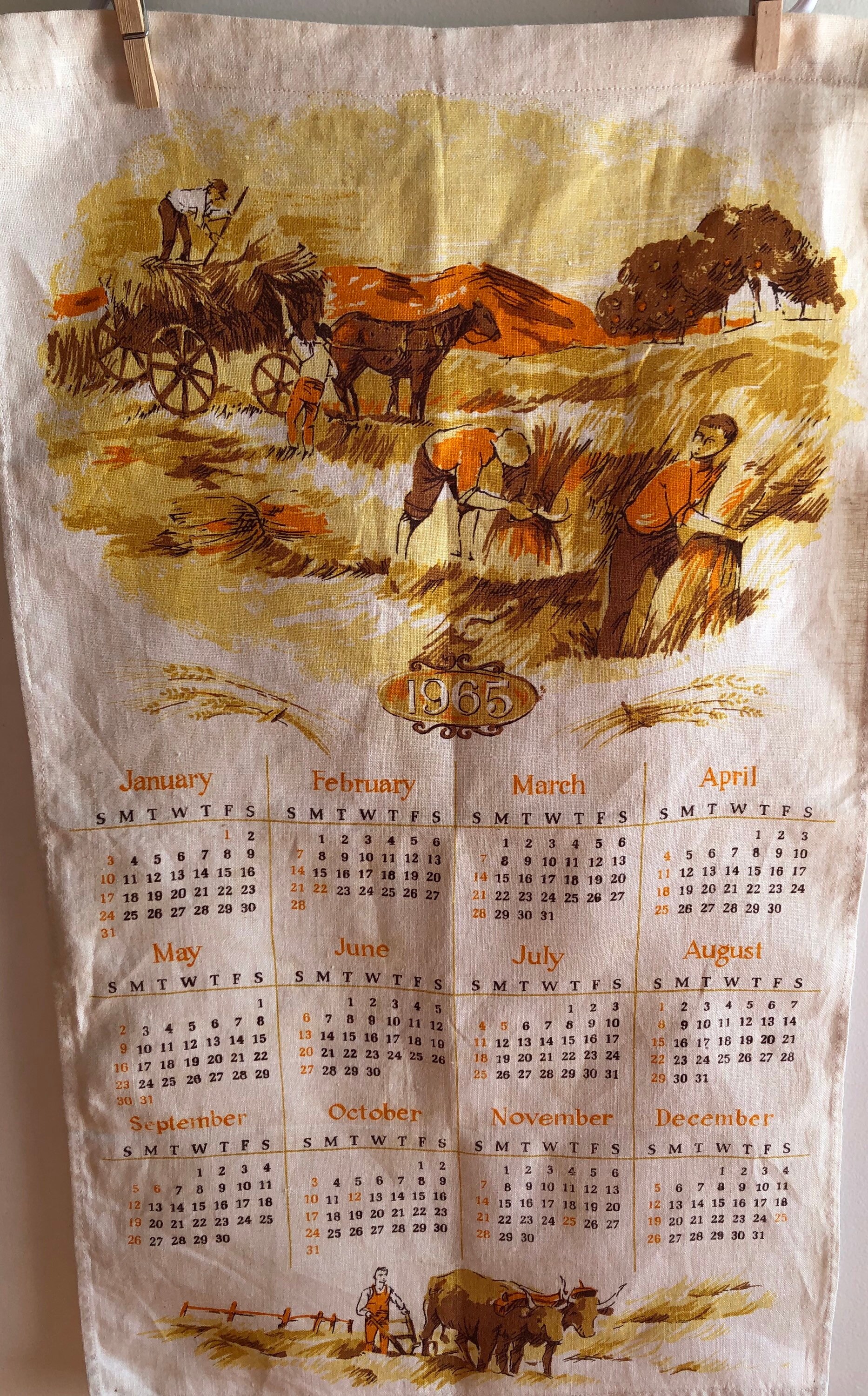 Vintage 60s Linen Calendar Shades of Gold, Brown and Orange Home Decor ...