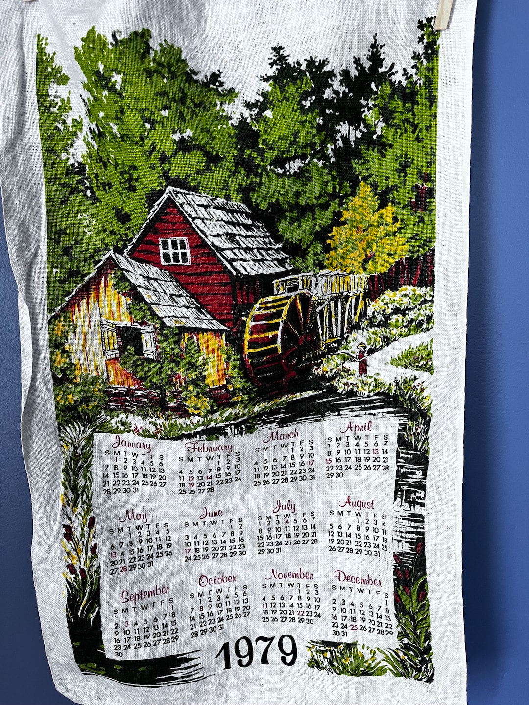 Vintage 1970s Linen Calendar Rural Millhouse Home Decor Measures 25 by ...