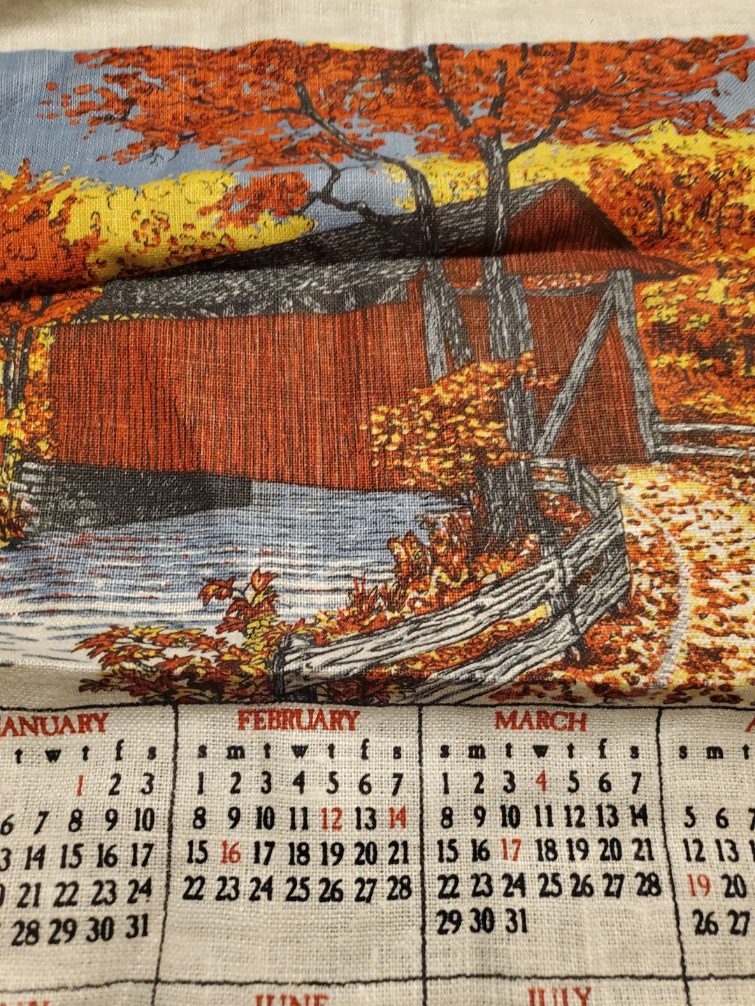 Vintage 1981 Linen Calendar Covered Bridge Scene With Autumnal Leafy ...