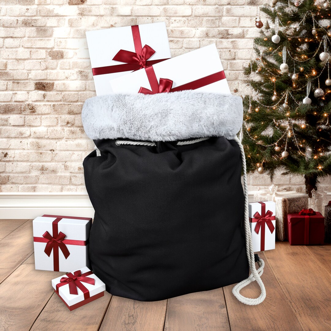 Santa Sack Bag, 30 X 24 in Black or Rust Cotton Canvas, White Gray Faux ...