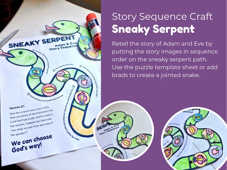 Sneaky Serpent Story Sequence Craft | Adam & Eve Bible Activity (PDF ...