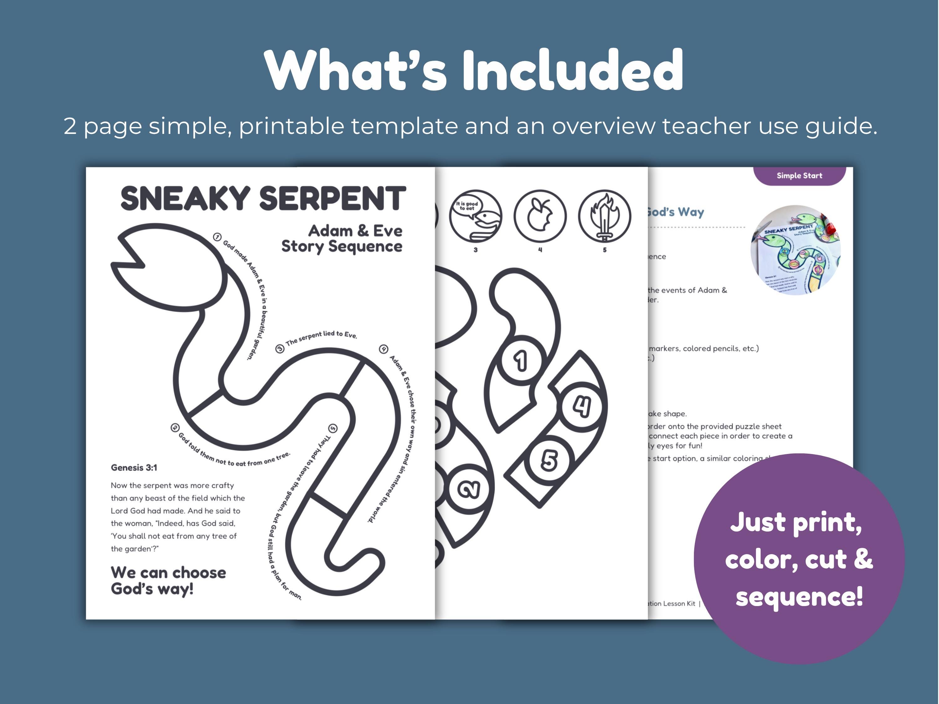 Sneaky Serpent Story Sequence Craft | Adam & Eve Bible Activity (PDF ...