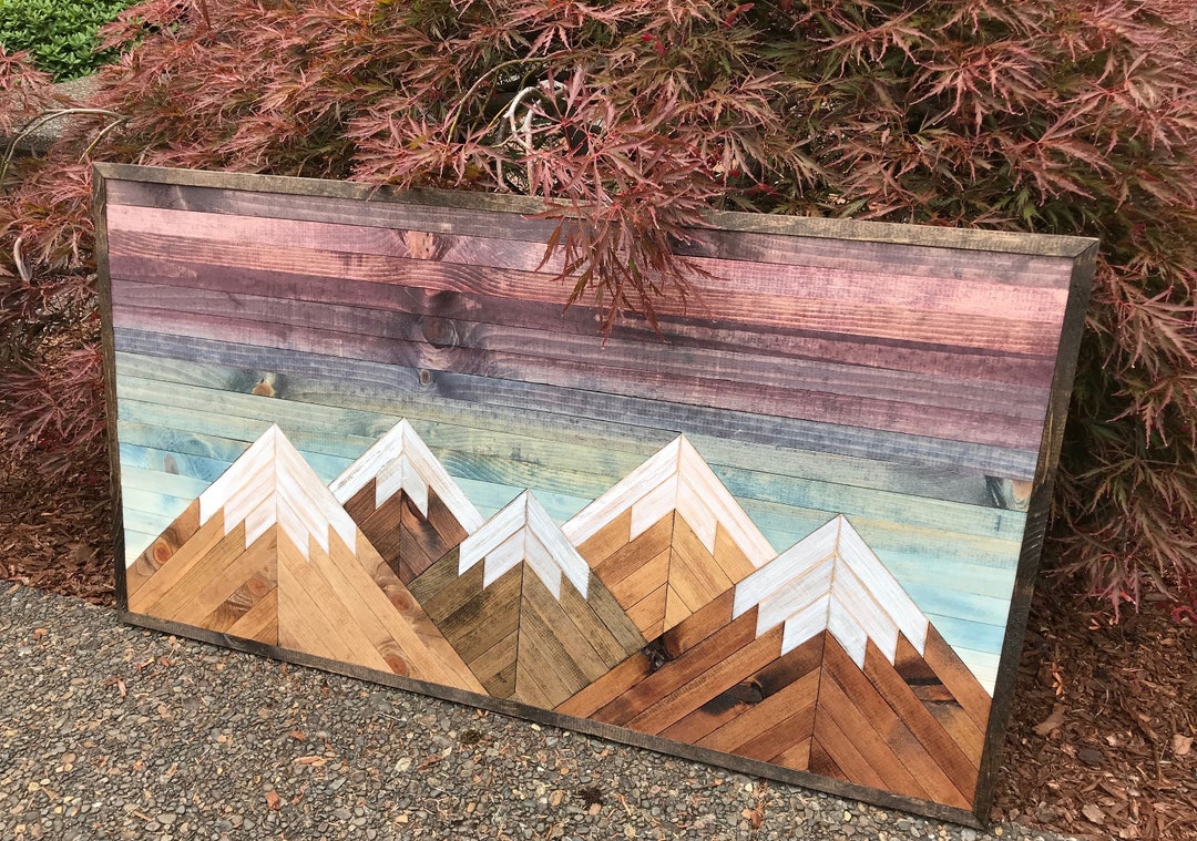 X-large Rustic Sunset Five Mountain Wood Art - Etsy