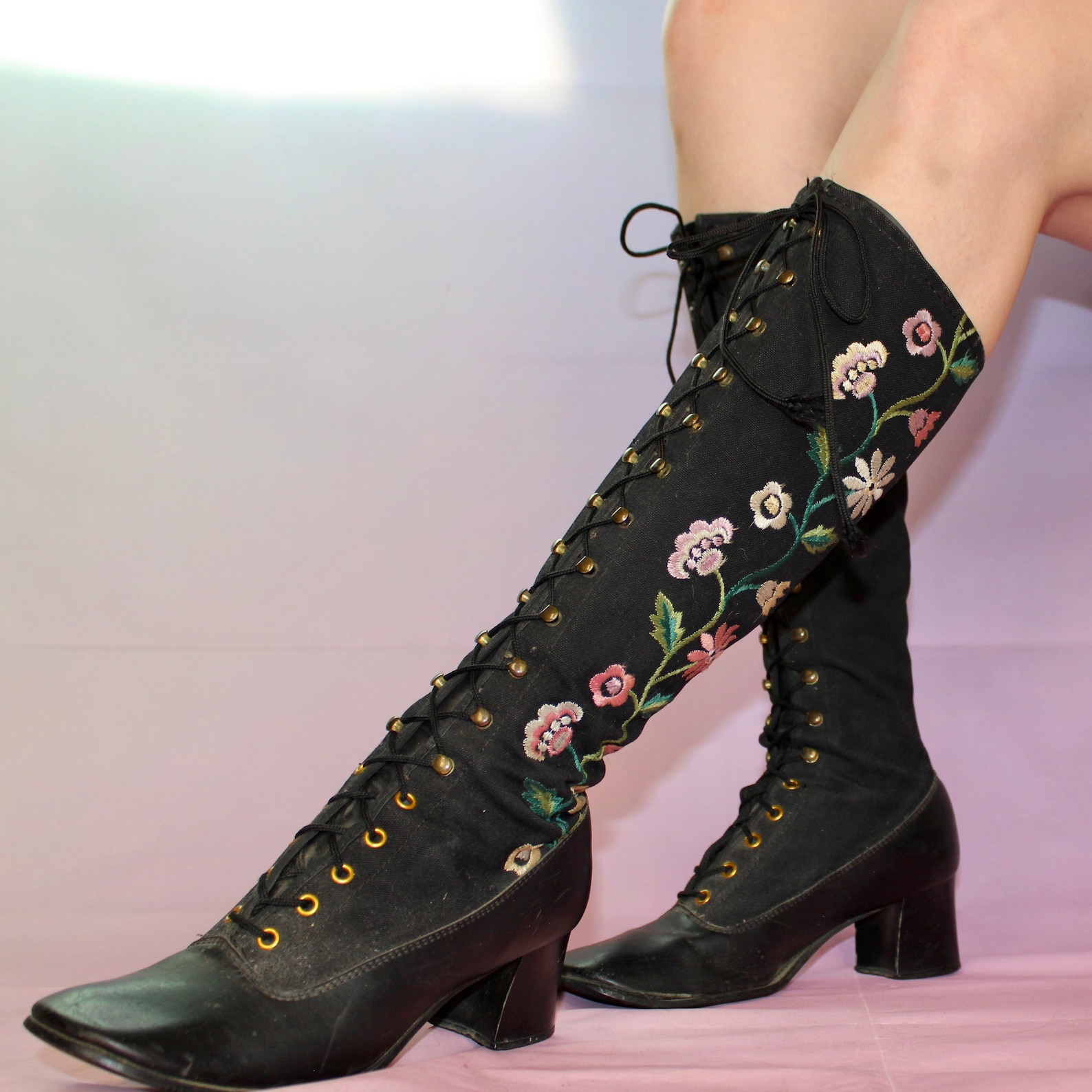 Vintage 60s Lace up Embroidered Gogo Boots - Etsy