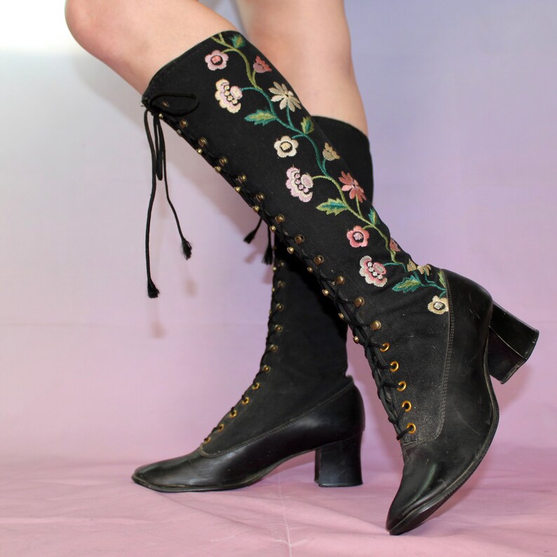 Vintage 60s Lace up Embroidered Gogo Boots - Etsy