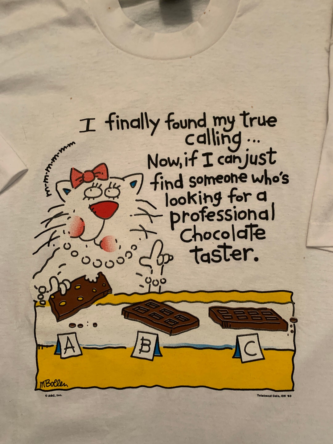 Vintage Cute Cartoon Cat Tasting Chocolate Tee Shirt White Large Adult ...