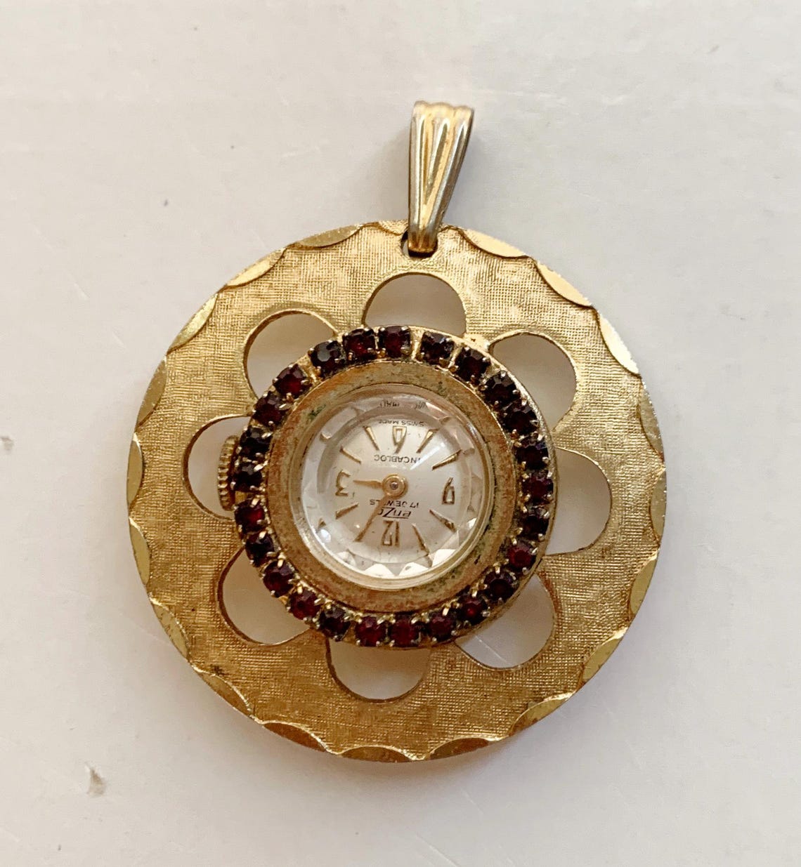 Vintage Gold Tone Enzo 17 Jewel Incabloc Swiss Made Pendant Watch Dark ...
