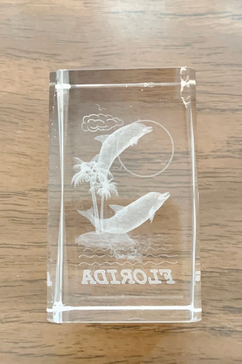 Vintage Laser Etched Crystal Glass Dolphin Cube Paperweight From ...