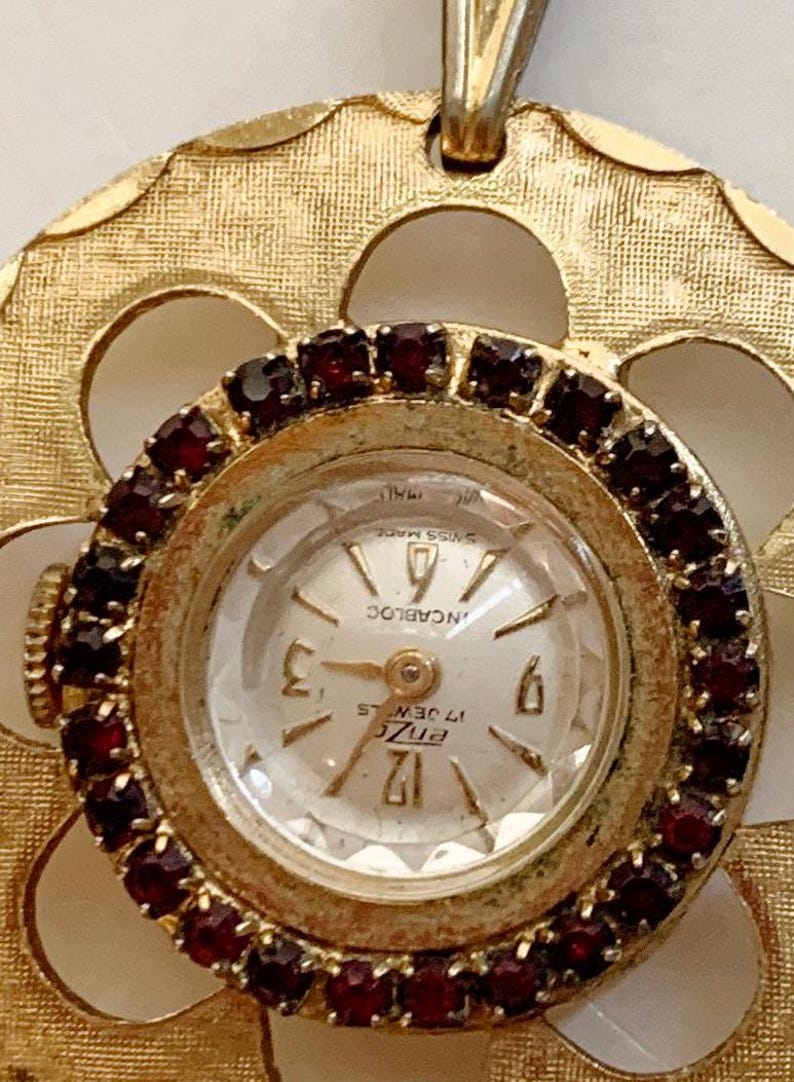 Vintage Gold Tone Enzo 17 Jewel Incabloc Swiss Made Pendant Watch Dark ...