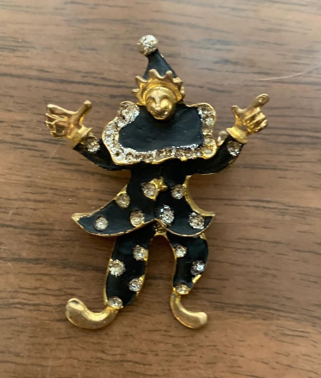 Vintage Gold Tone and Black Clown Brooch With Movable Legs and Glitter ...