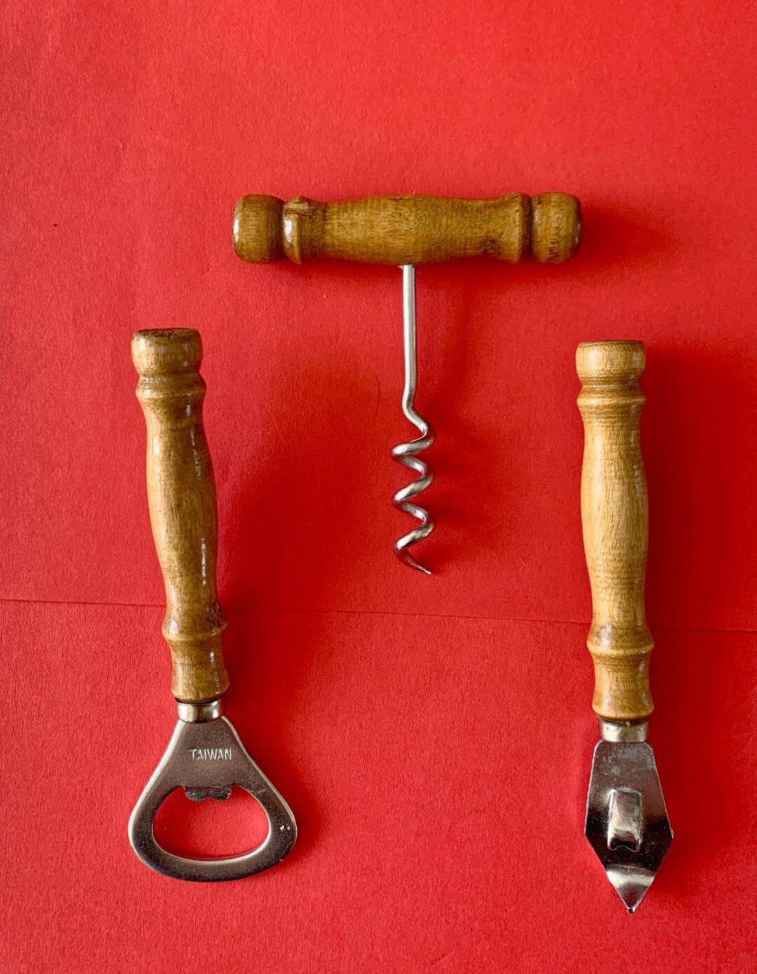 Vintage Wood Handle Bar Opener Set Corkscrew Bottle Opener Can Opener ...