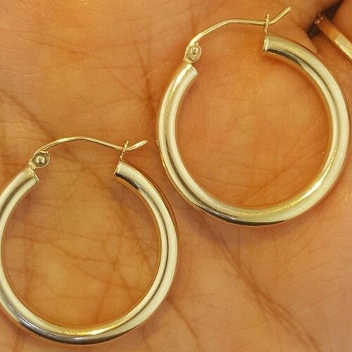 14k Yellow Gold 3MM Round Hollow Hoop Earrings Diamond Cut - Etsy