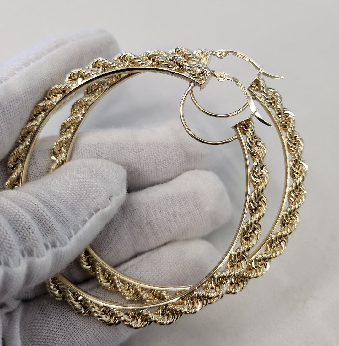 10K Yellow Gold 4MM Thick Rope Hoop Earrings Diamond Cut 2.5 Inches ...