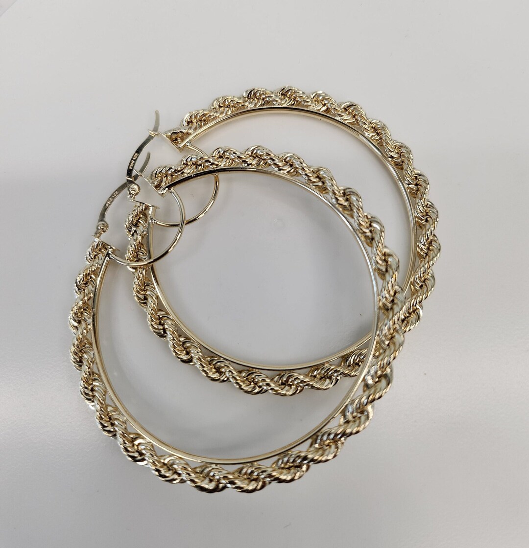 10K Yellow Gold 4MM Thick Rope Hoop Earrings Diamond Cut 2.2 Inches ...